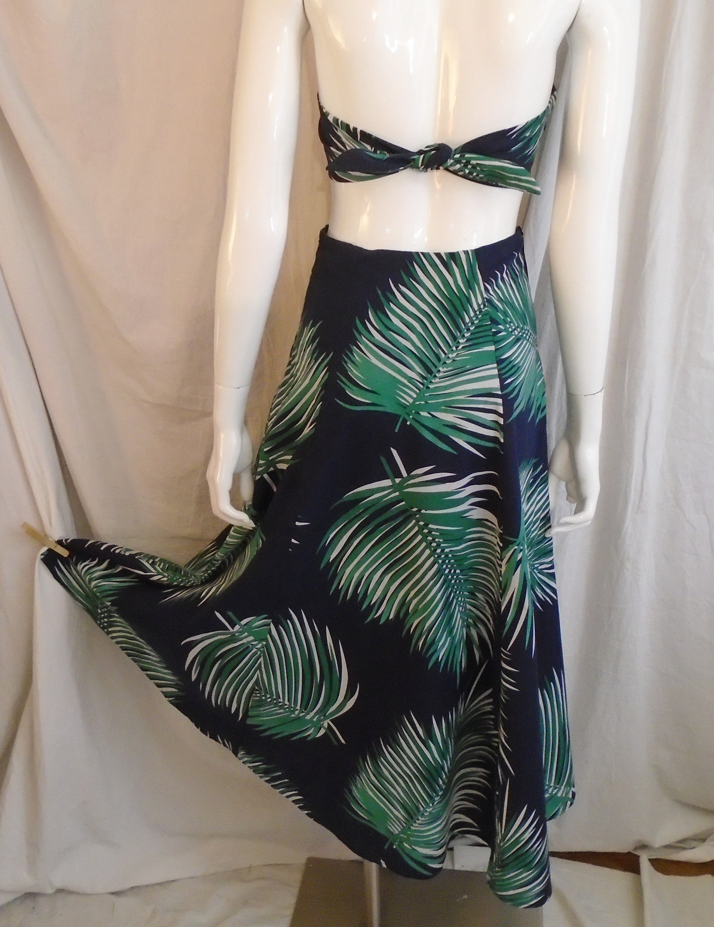 Vintage 1990s Sundress Palm Frond Print Halter Neck Tie Back Full Skirt ...