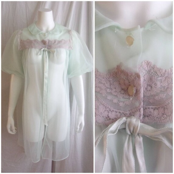 Vintage 1960s Robe Sheer Mint Green Nylon with Lace T… - Gem