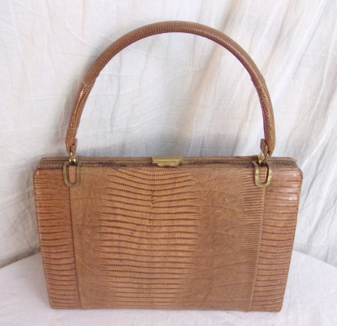 Vintage 1950s Purse Tan Lizard Embossed Leather Top Handle Bag - Etsy