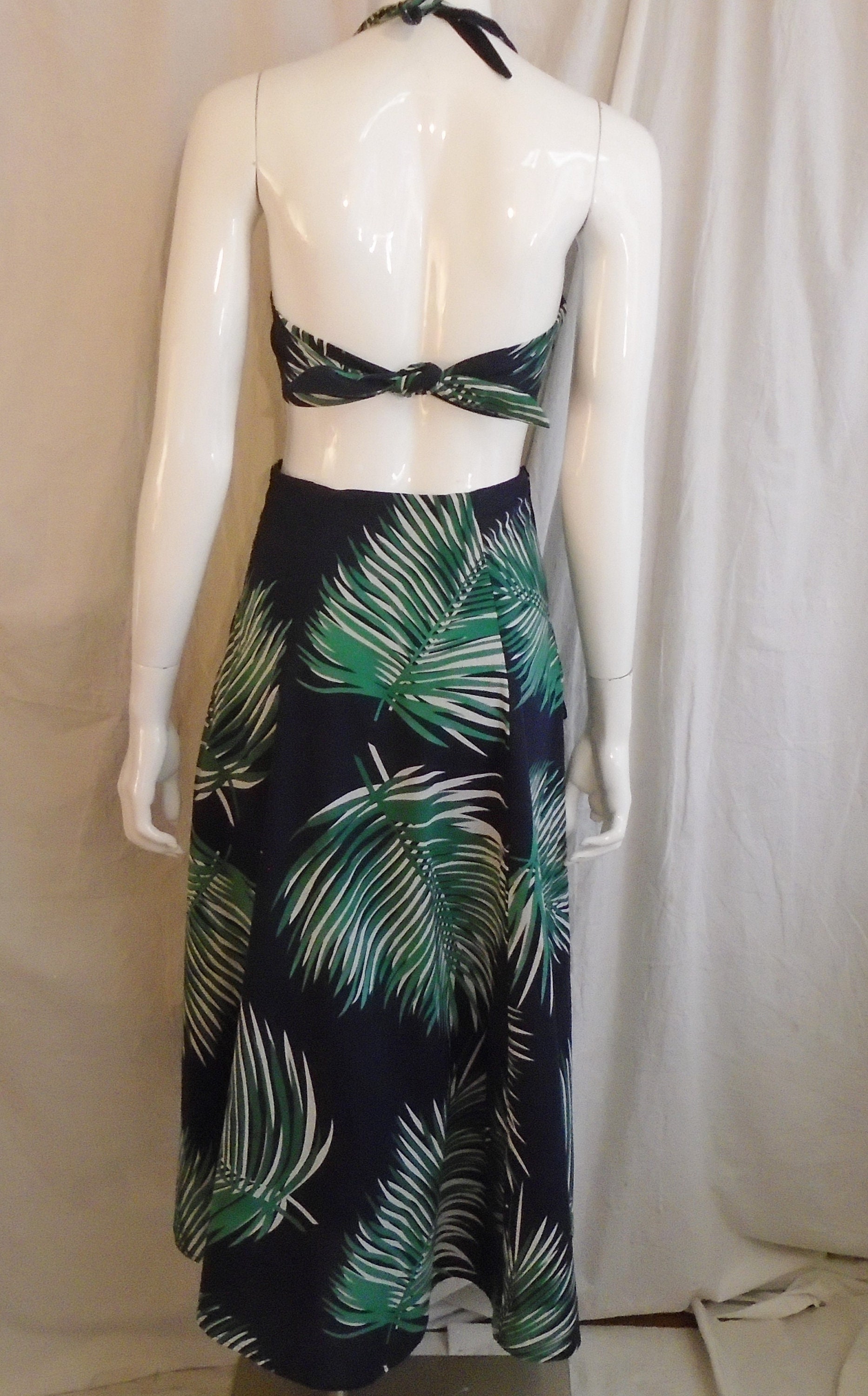Vintage 1990s Sundress Palm Frond Print Halter Neck Tie Back Full Skirt ...