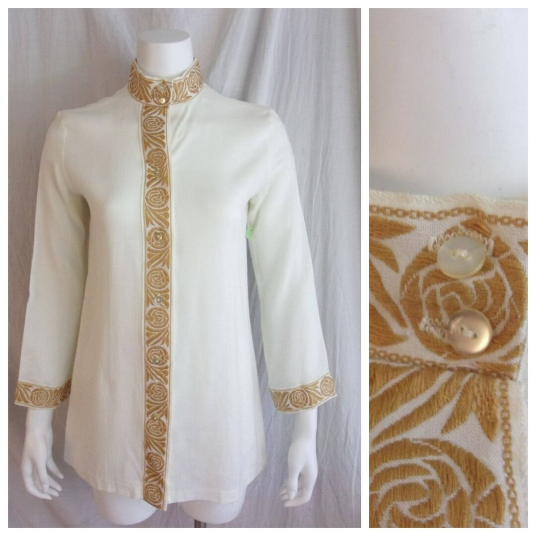 Vintage 1960s Mini Dress Nehru Style White and Gold NWOT Medium - Etsy
