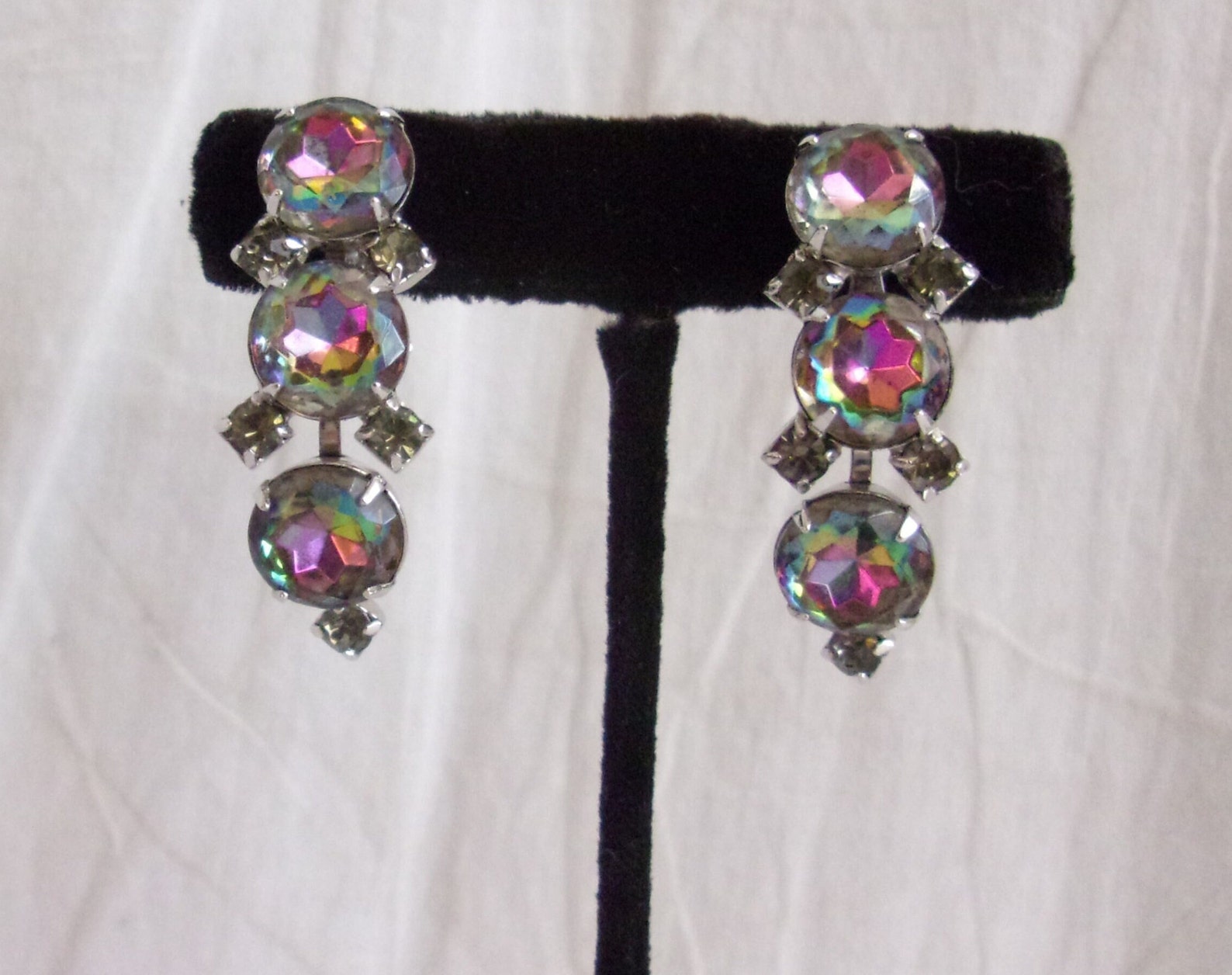 Vintage 1950s Earrings Dangle Mystic Topaz Colored Rhinestone Clip Ons ...