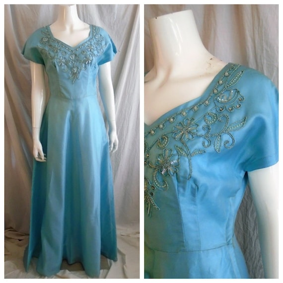 Vintage 1950s Dress Turquoise Blue Silk Formal Beadin… Gem