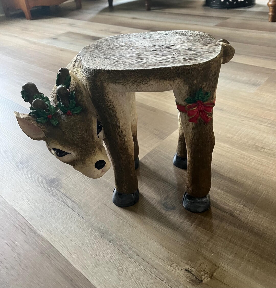 Vintage Christmas Holiday Deer Reindeer Planter Stool Faux Wood Resin ...
