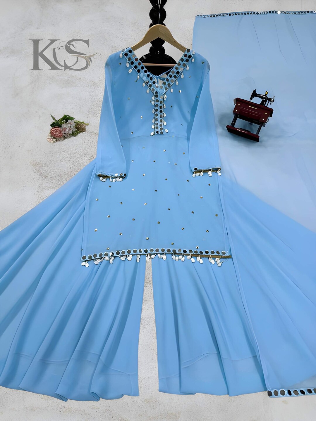 Premium Sky Blue Georgette Sharara Suit, Party Wear With Dupatta ...