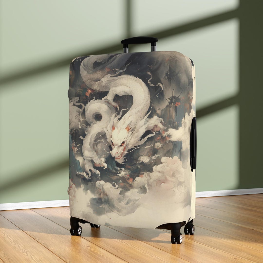 White Dragon & Cherry Blossoms Luggage Cover | Asian Ink Art Suitcase ...