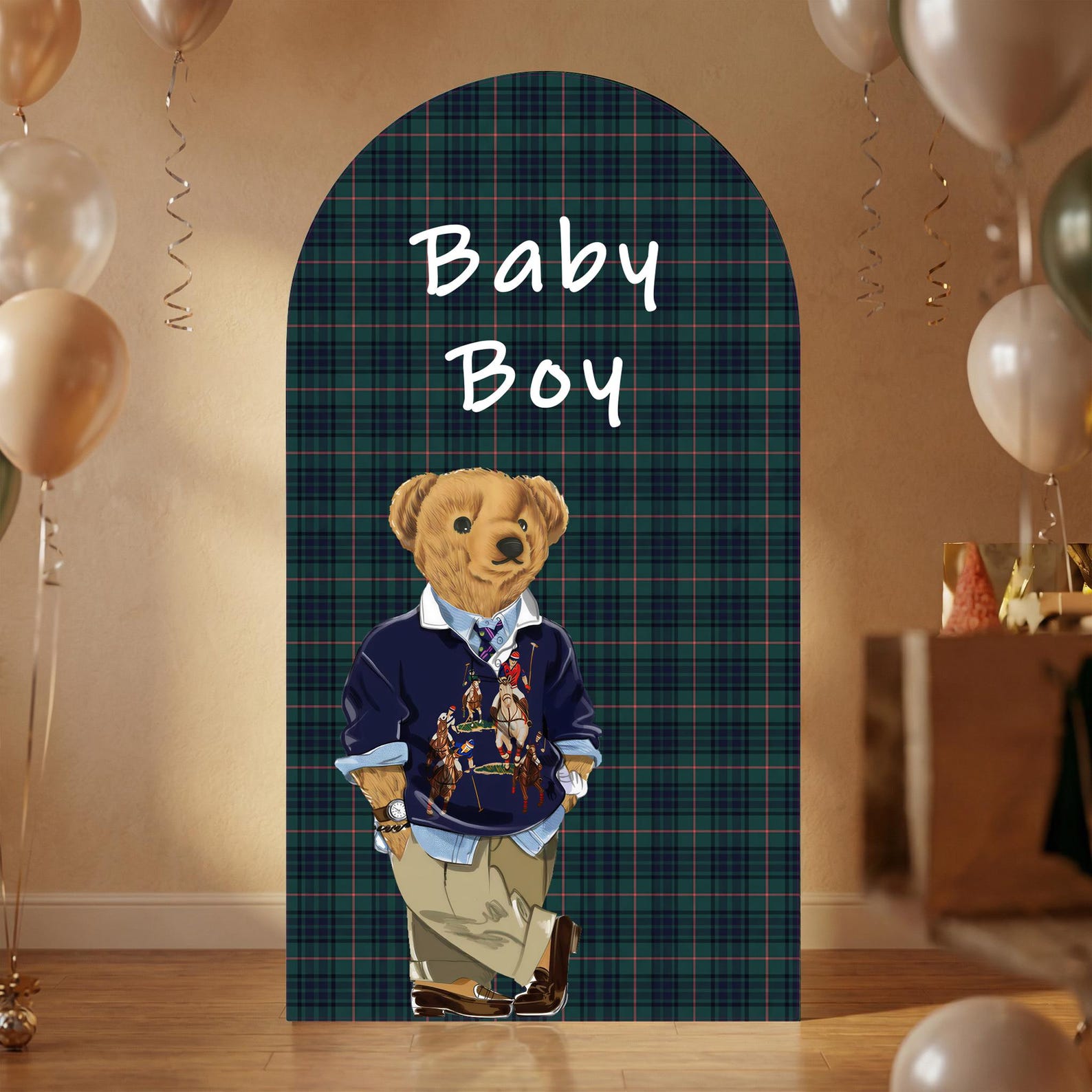 Polo Bear Arch Backdrop Cutout , Green Tartan Plaid Baby Shower Decor ...