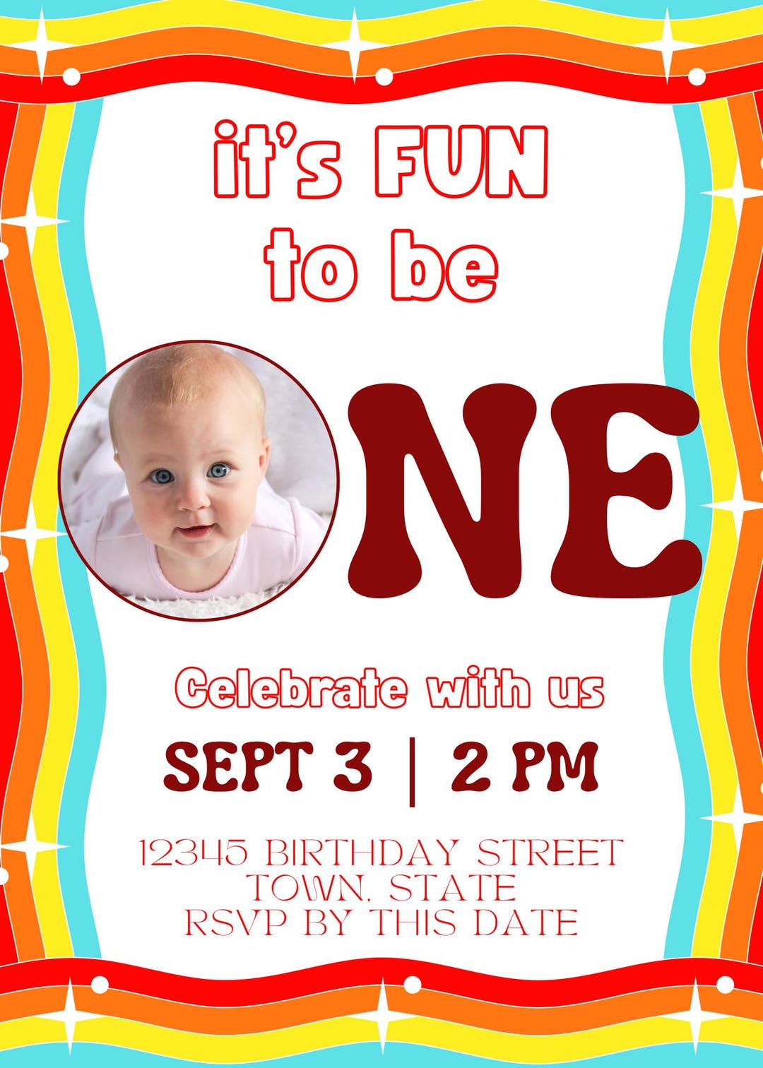 Fun to Be One Birthday Invitation, Colorful Kids Party (digital ...