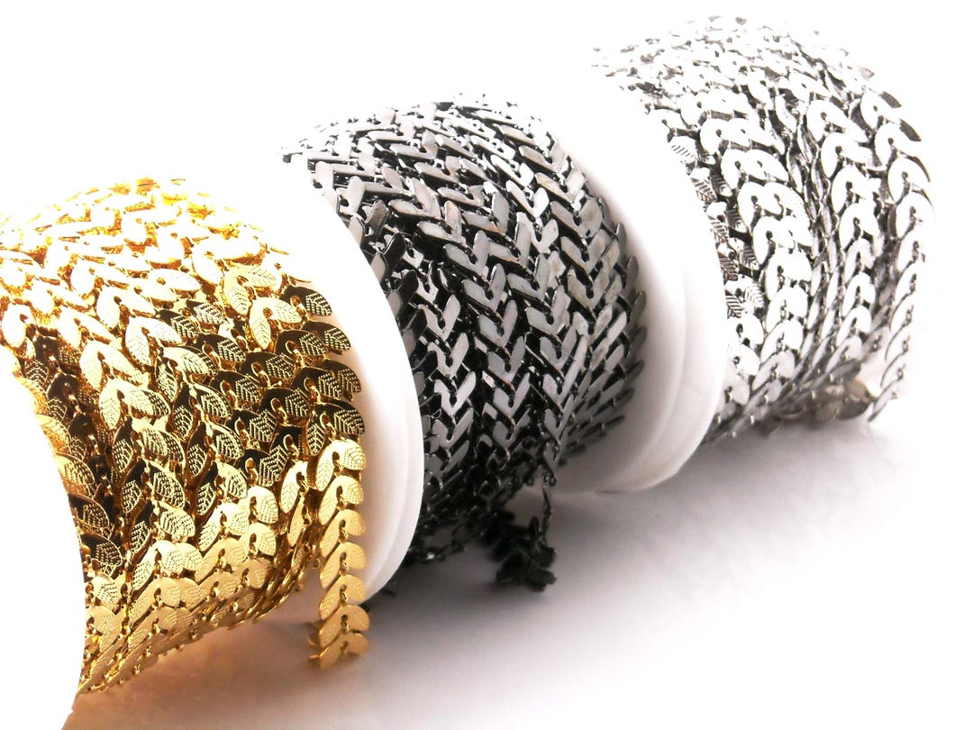 Flat Chevron Link Chain, 18k Gold, Platinum, Gunmetal Plated, 7mm ...