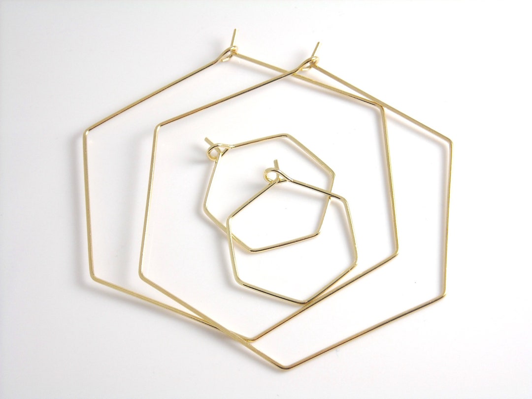 Hexagon Shaped Wire Hoop Earrings, 14k Gold Plated, Choose From 26mm ...