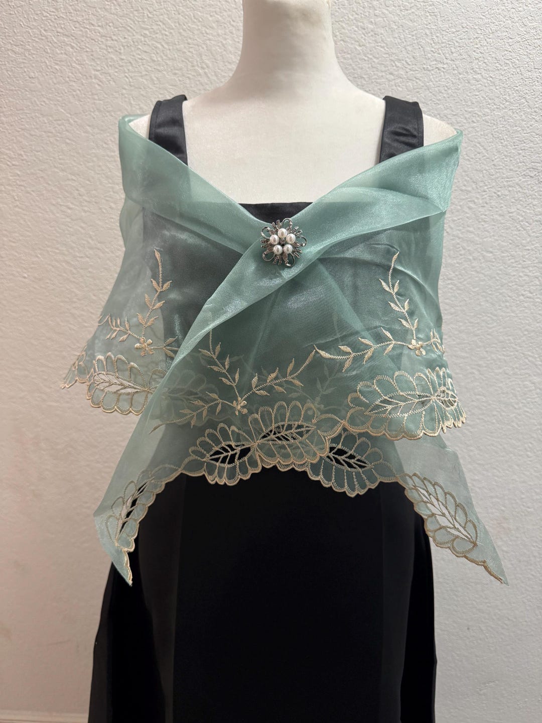 Sage Green Filipiniana Scarf Piña Organza Leaf Cut Work Embroidered ...