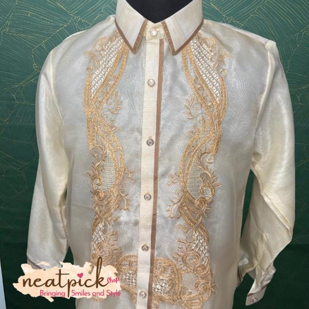 Barong Tagalog Full Open Cream With Mocha Piping Made of Piña Organza ...
