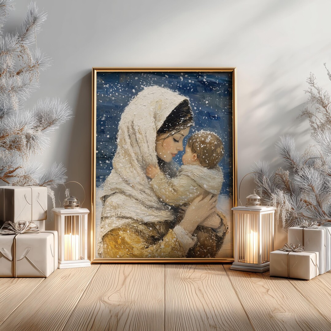 Mother Mary and Baby Jesus Wall Art, Winter Oil Painting, Catholic ...