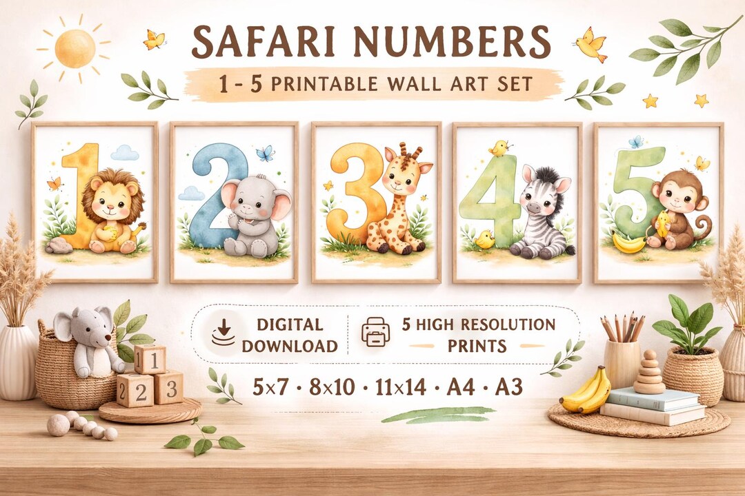 Safari Numbers 1–5 Printable Wall Art Set, Jungle Animal Nursery Decor ...