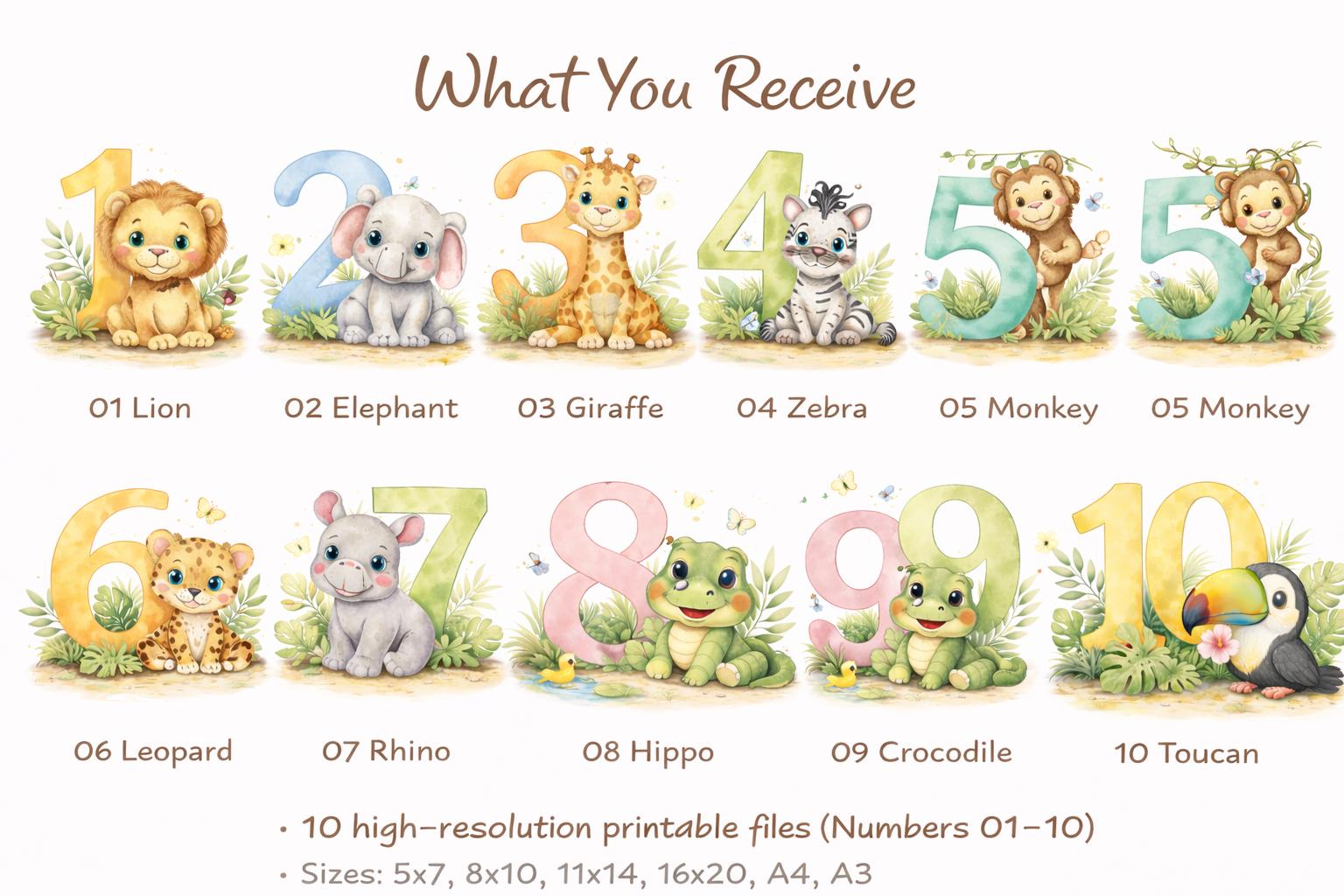 Safari Numbers 1–10 Printable Wall Art Set, Jungle Animal Nursery Decor ...