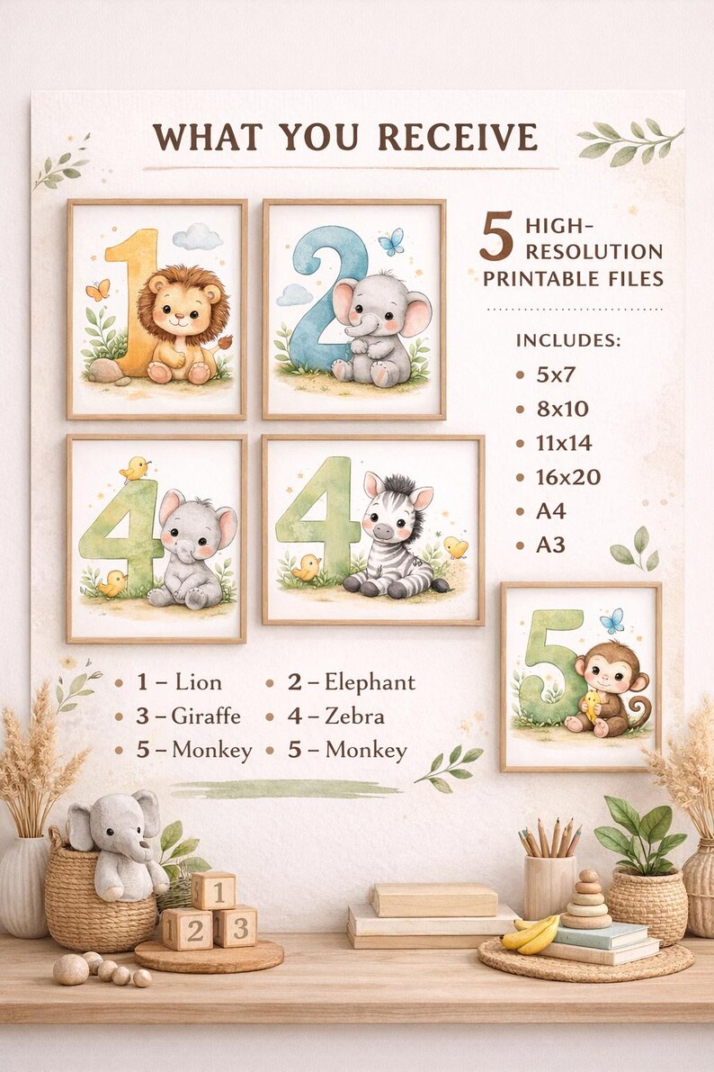 Safari Numbers 1–5 Printable Wall Art Set, Jungle Animal Nursery Decor ...