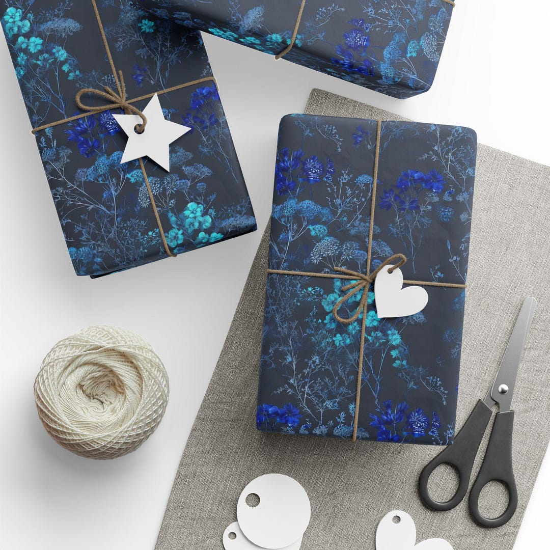 Elegant Floral Wrapping Paper: Dark Blue Botanical Gift Wrap - Etsy