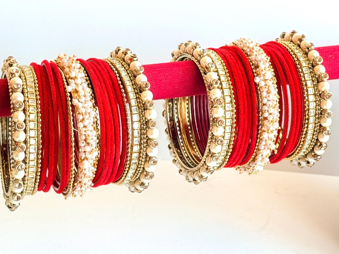 Red Velvet Bridal Bangle Set, Gold Kadas, Pearl Indian Wedding Jewelry ...