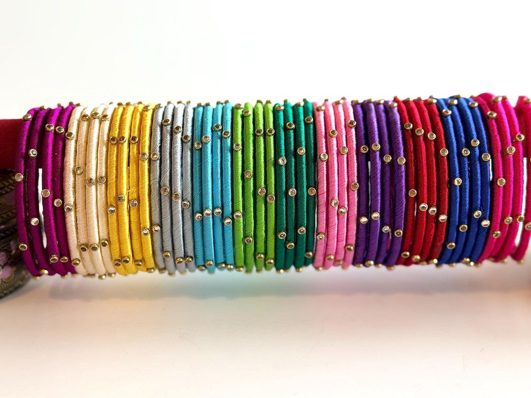 Handcrafted Silk Thread Bangles With Golden Bead Flowers (size 2.8 ...