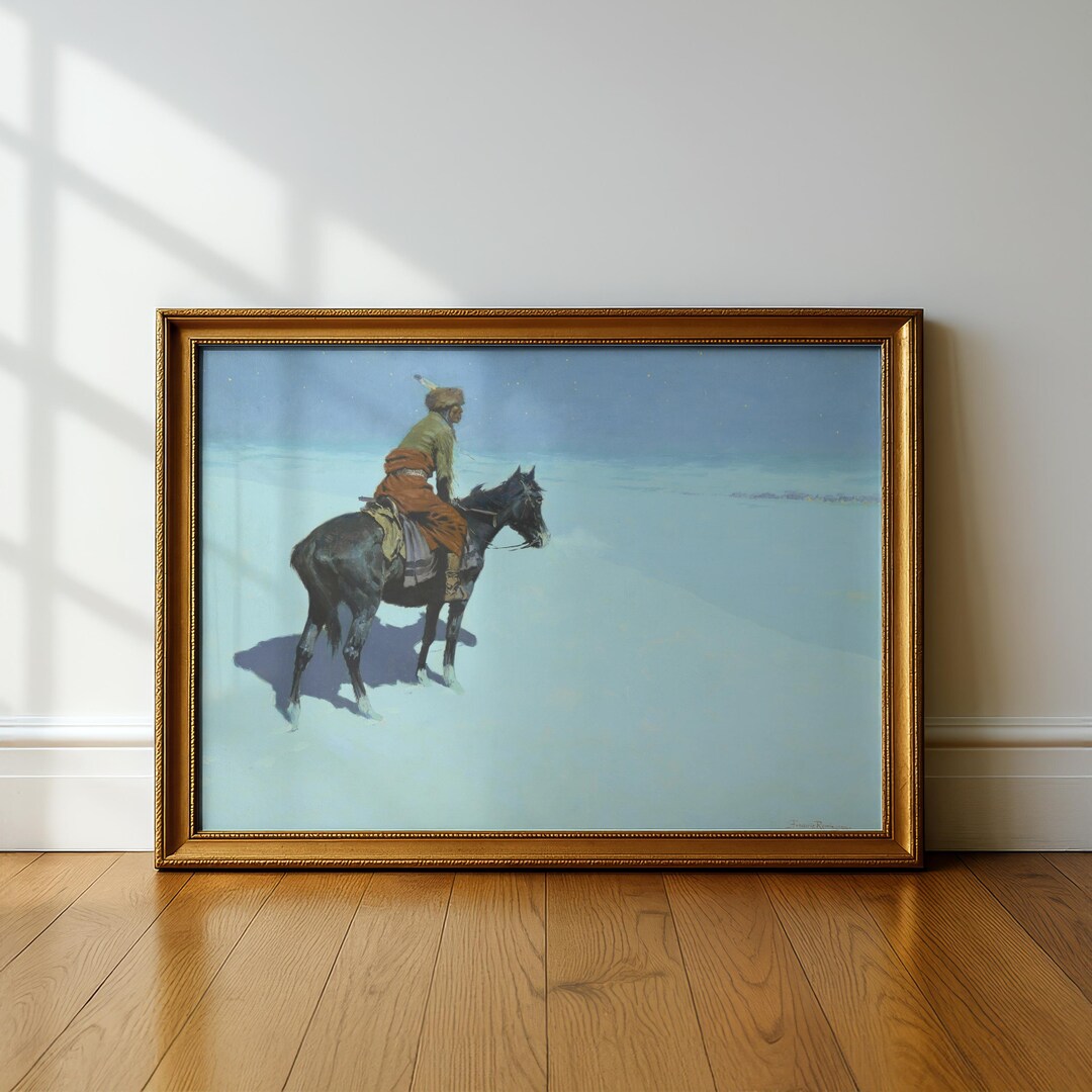 Blizzard Rider – Cowboy on Horseback Overlooking a Distant Town ...