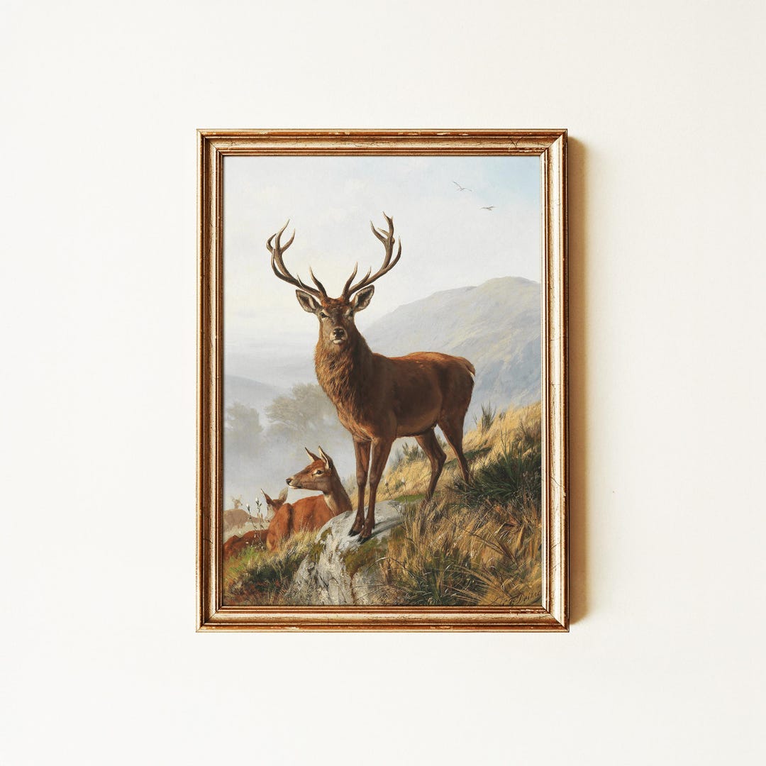 Stag Deer Mountain Art Print | Vintage Wildlife Painting | Rustic ...