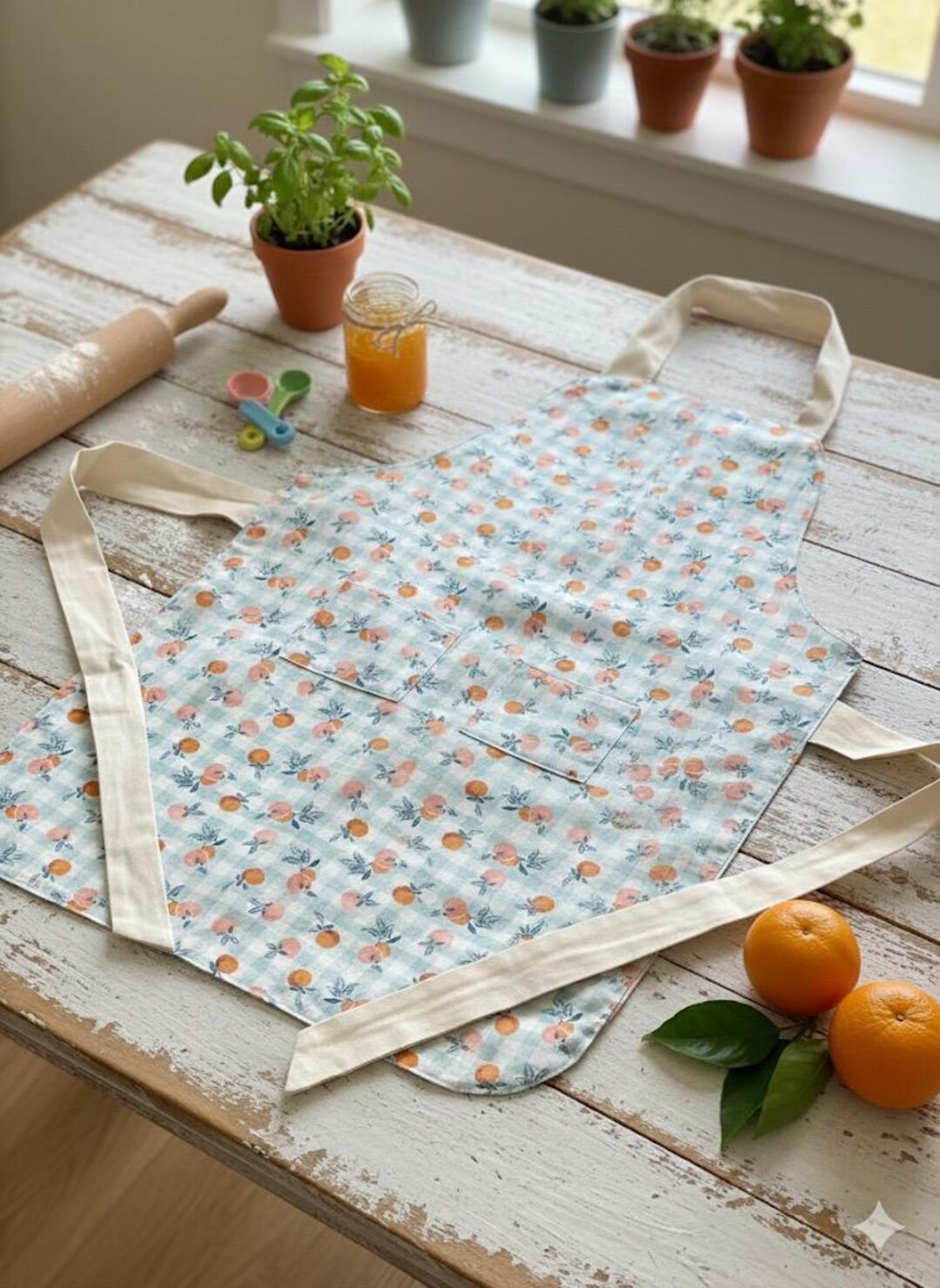 Orange and Gingham Apron - Georgia Peach - Citrus Fruit Kitchen Apron ...