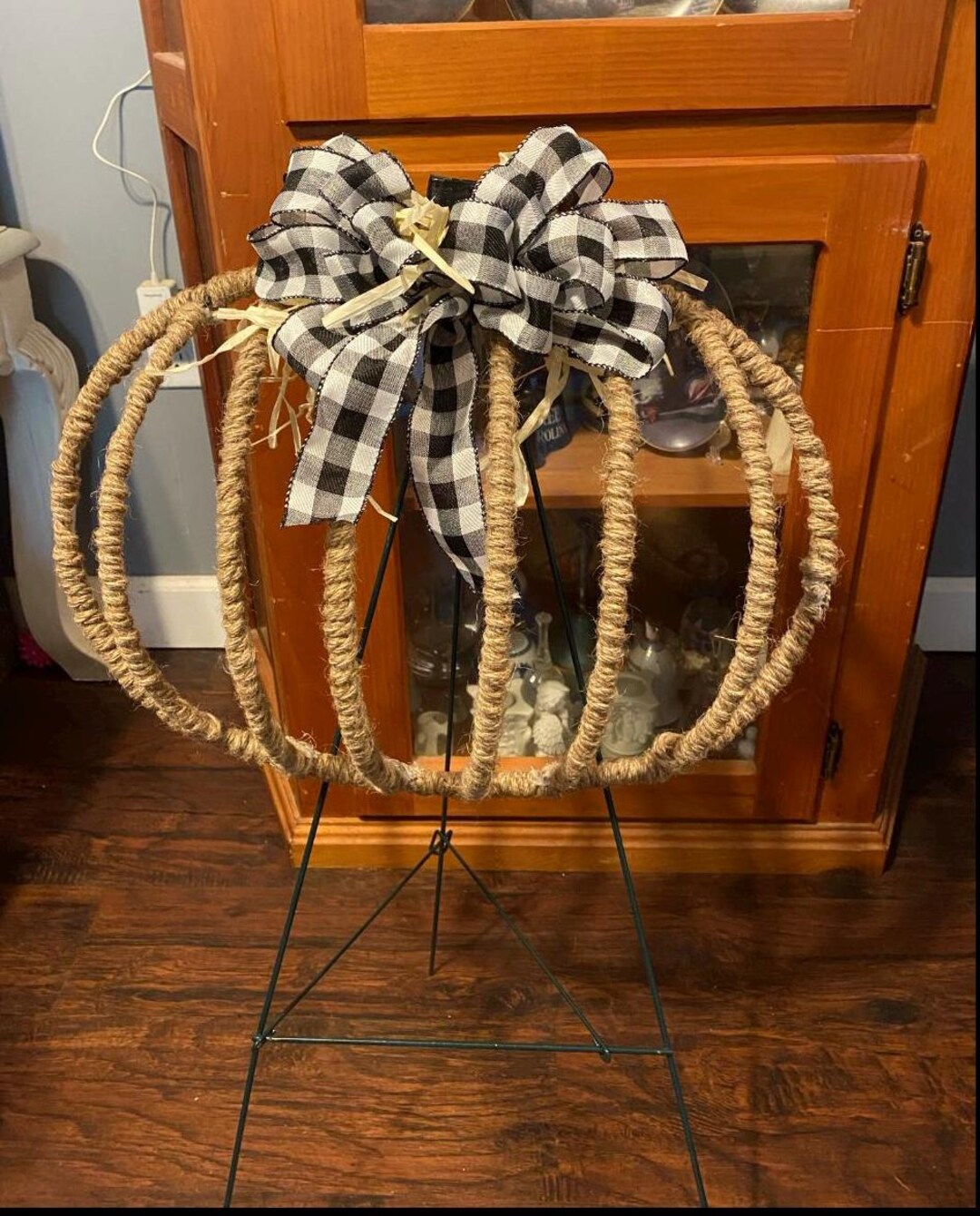Rustic Farmhouse Pumpkin Decoration With Black and White Checkered Bow ...