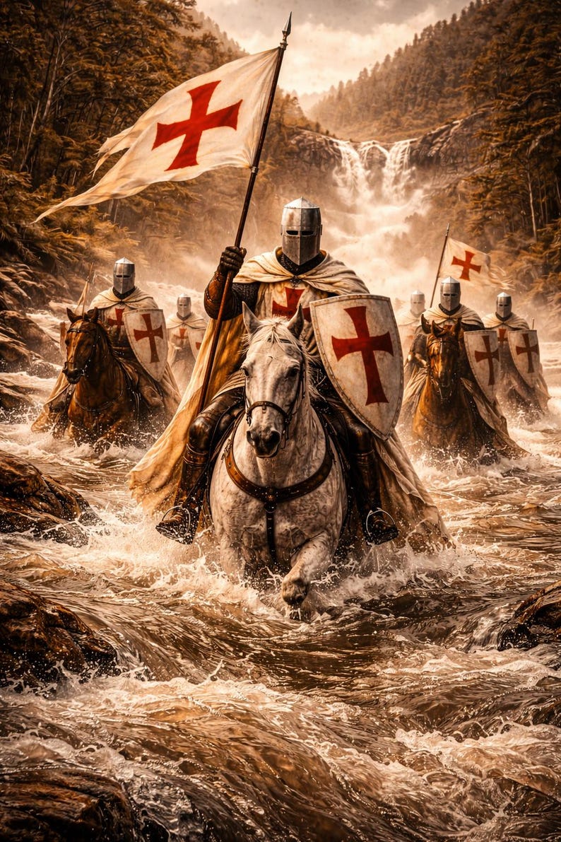 Templar Knight on White Horse River Crossing – Medieval Crusader Wall ...