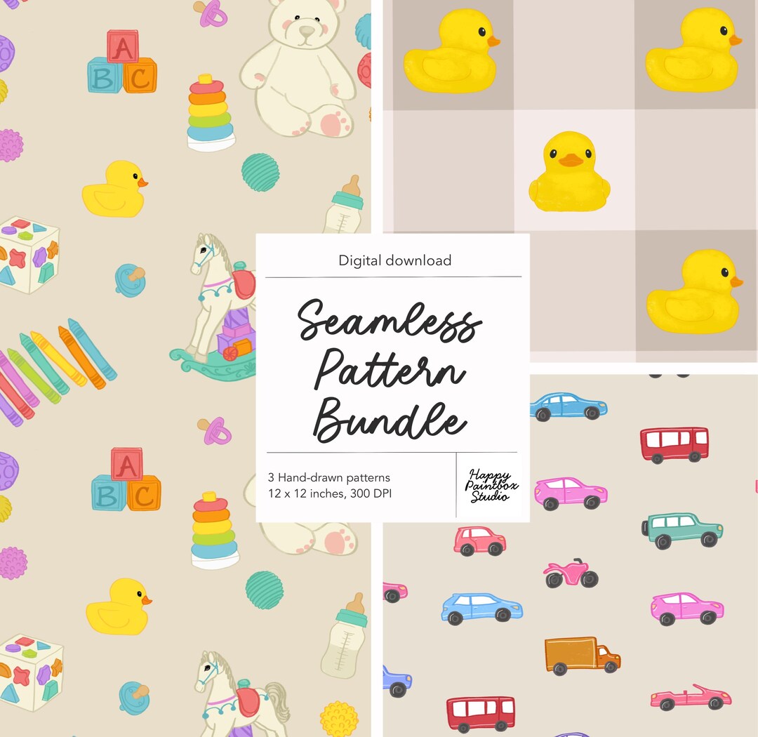 Neutral Baby Seamless Pattern Bundle: Beige Teddy Bear Rubber Ducks ...