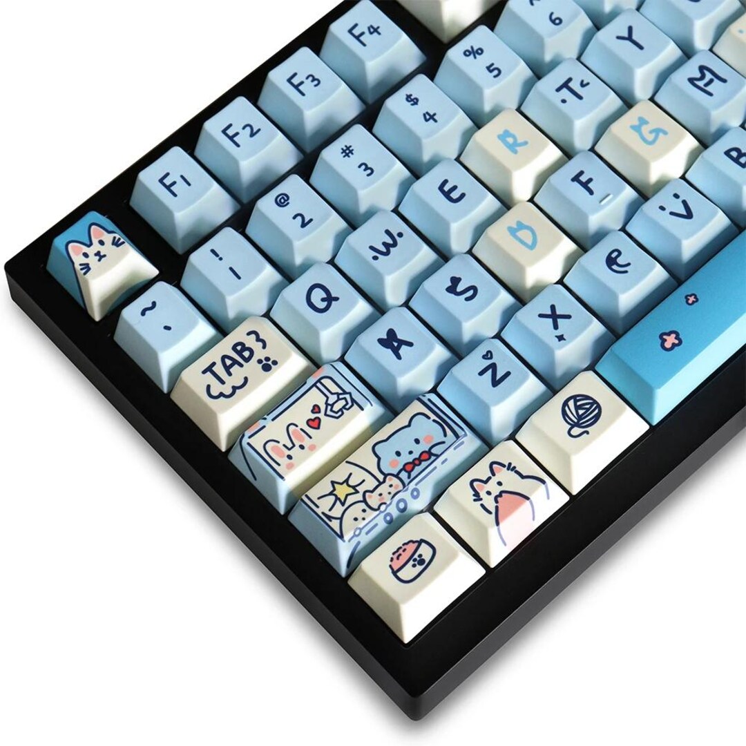 Cute Blue Cat Cherry Profile PBT Keycaps Set – 130 Keys, Dye-sub for MX ...