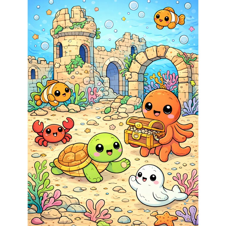 Kawaii Ocean Animals Coloring Pages for Kids | Underwater Scenes ...