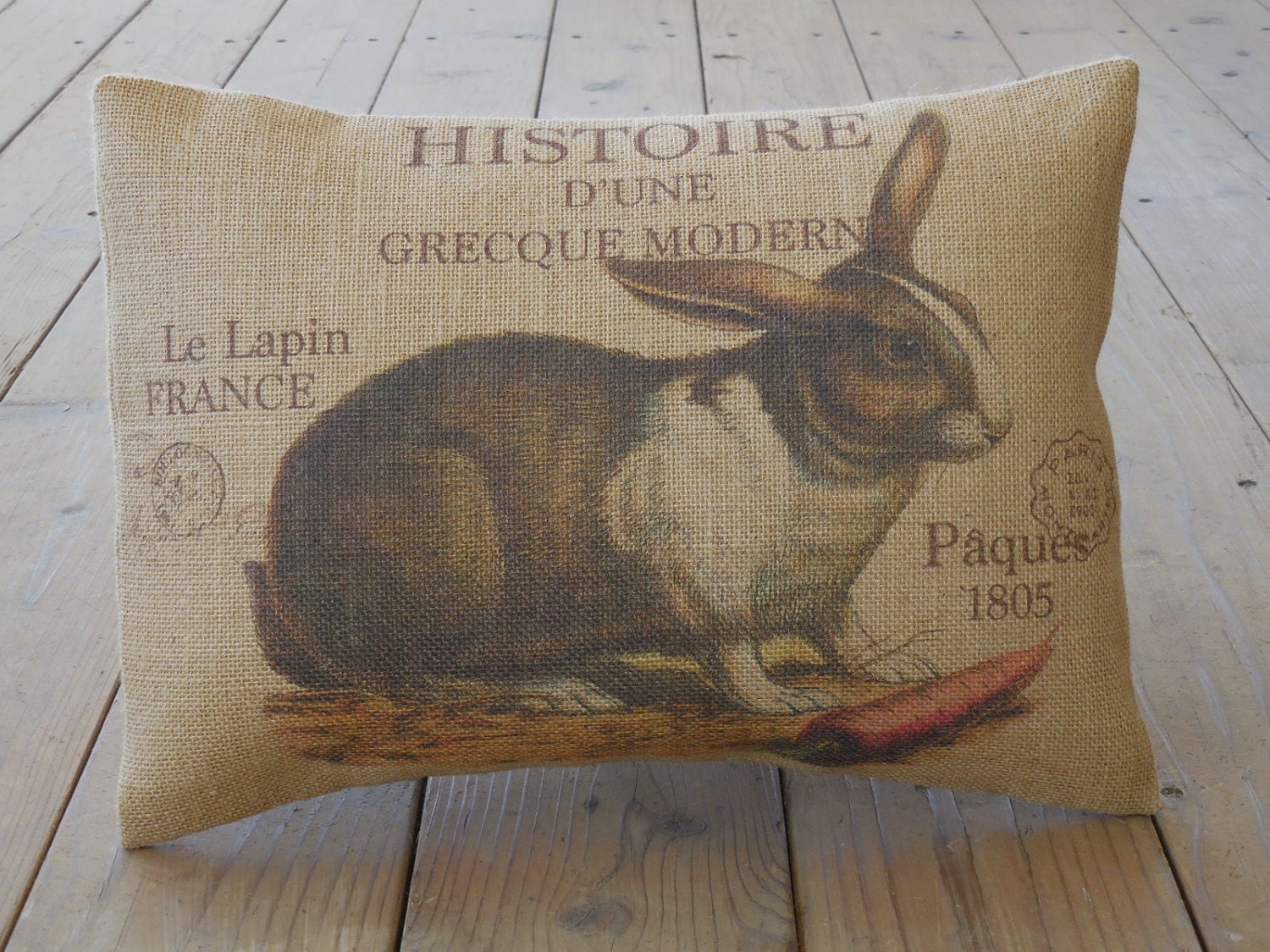 French Rabbit Burlap Pillow Shabby French Postcard - Etsy