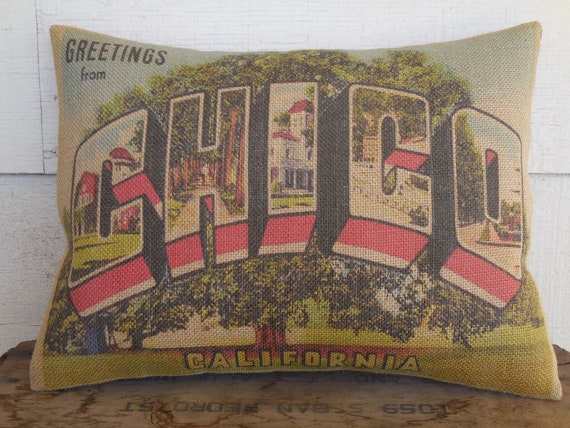 Chico Burlap Pillow California Travel Postcard Vintage | Etsy