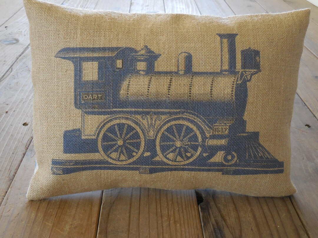 Vintage Train Burlap Pillow, Navy Pillow, Locomotive Pillow, Boy ...