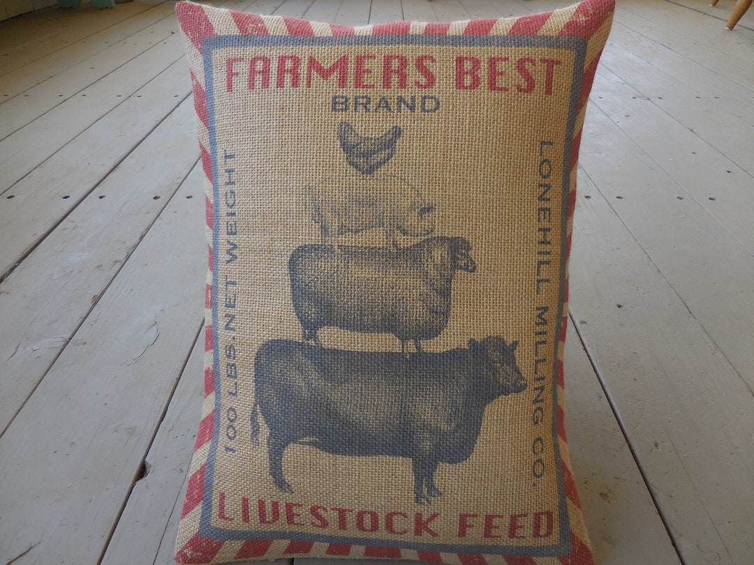 Animal Stack Burlap Pillow Livestock Feed Label Farmhouse - Etsy