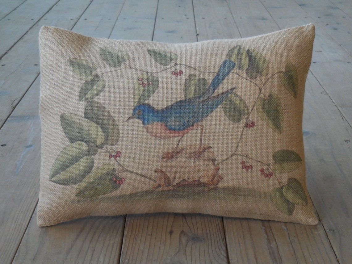 Blue Bird Botanical Burlap Pillow Rustic French Farmhouse - Etsy