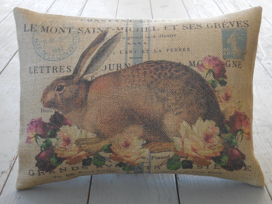 Flowered Rabbit Burlap Pillow,blue Stripe Grain Sack, Shabby Chic ...