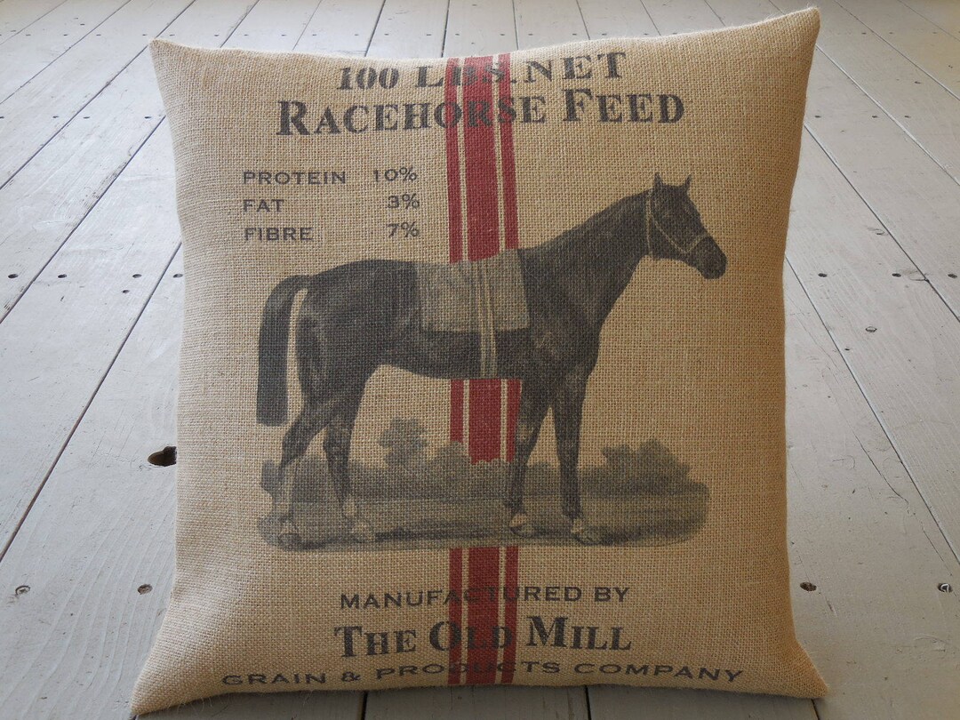 Race Horse Burlap Pillow, Race Horse Feed, 17 Inch Square, Shabby Chic ...
