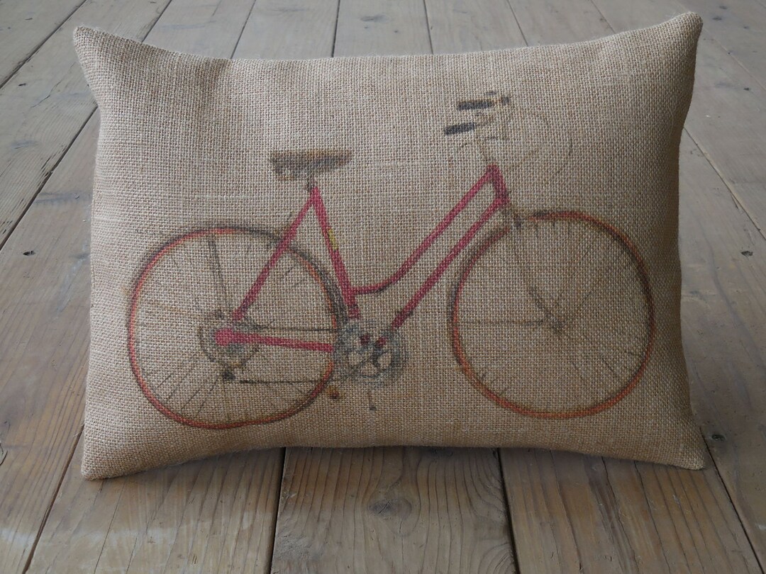 Red Bike Burlap Pillow, Vintage Bicycle Pillow, Watercolor Bike Pillow ...