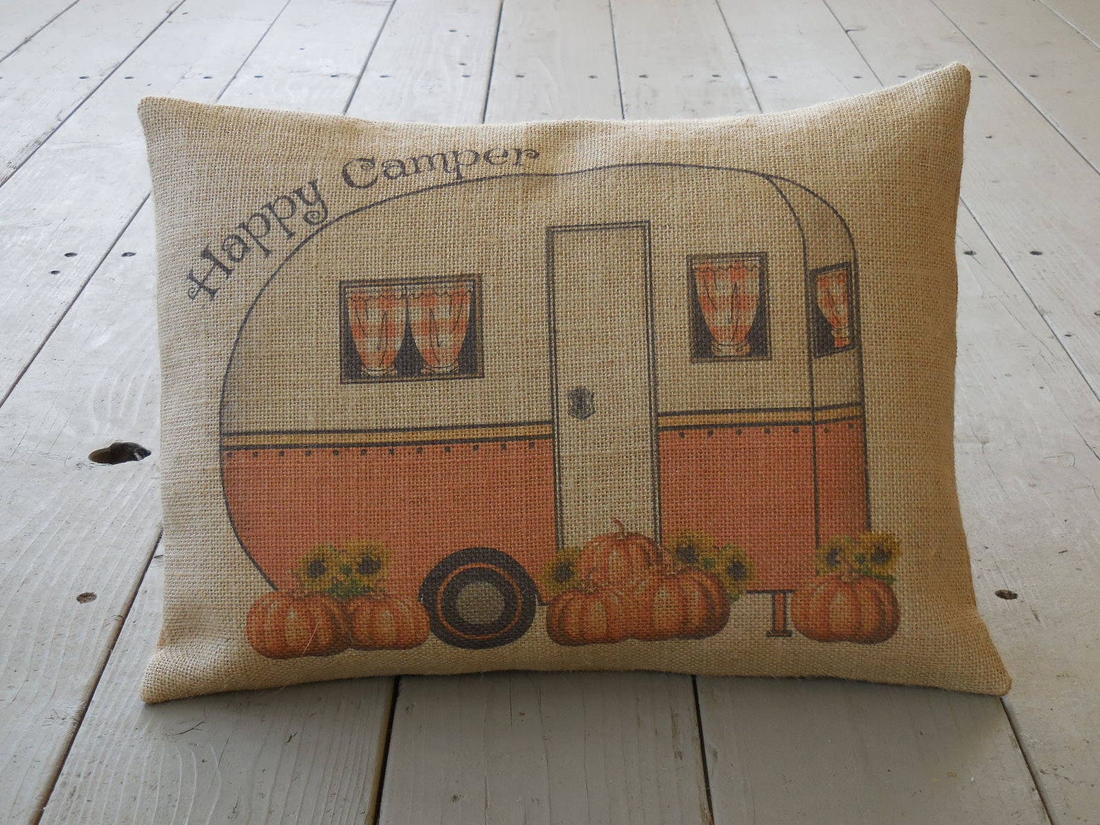Fall Happy Camper Burlap Pillow, Autumn Camper, Fall Trailer ...