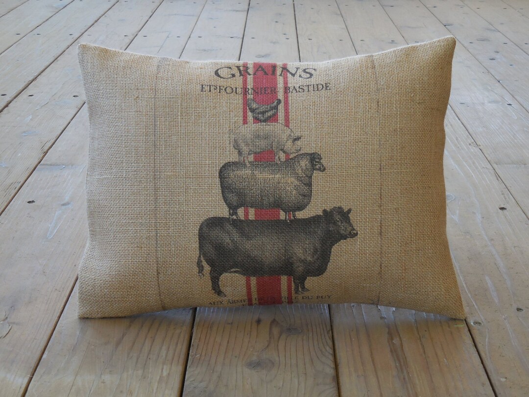 Animal Stack Burlap Pillow, Chicken Pig Sheep Cow, Farmhouse Pillows ...