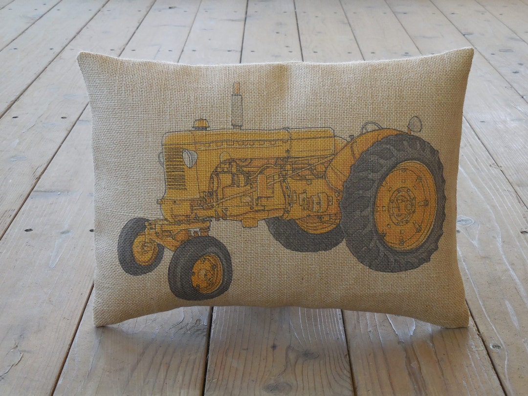 Yellow Tractor Burlap Pillow, Mighty Machine, Farmhouse Pillows, V20 ...