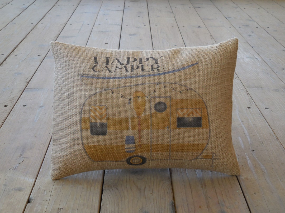 Happy Camper Burlap Pillow, Camping, Farmhouse Pillows, Retirement Gift ...