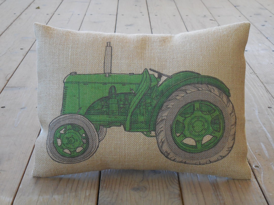Green Tractor Burlap Pillow, Kids, Mighty Machines, Farmhouse Pillows ...