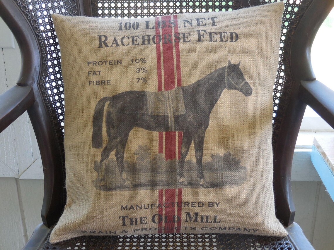 Race Horse Burlap Pillow Race Horse Feed 17 Inch Square - Etsy