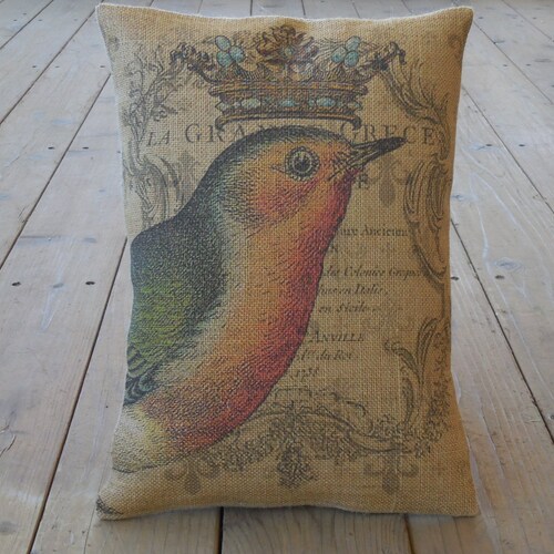 French Robin Burlap Pillow French Country Shabby Chic - Etsy