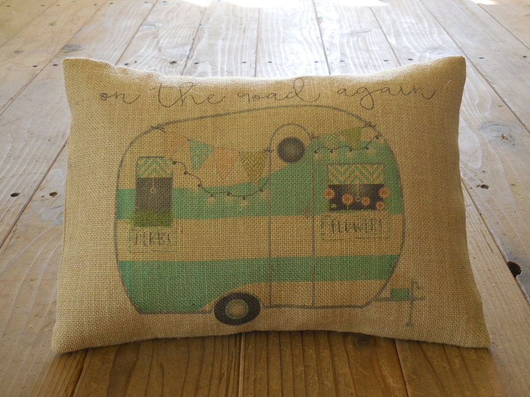 Retro Trailer Burlap Pillow, on the Road Again, Farmhouse Pillows ...