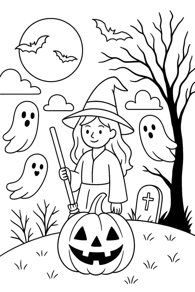 Halloween Coloring Page | Printable Witch, Pumpkin, Ghosts & Haunted ...