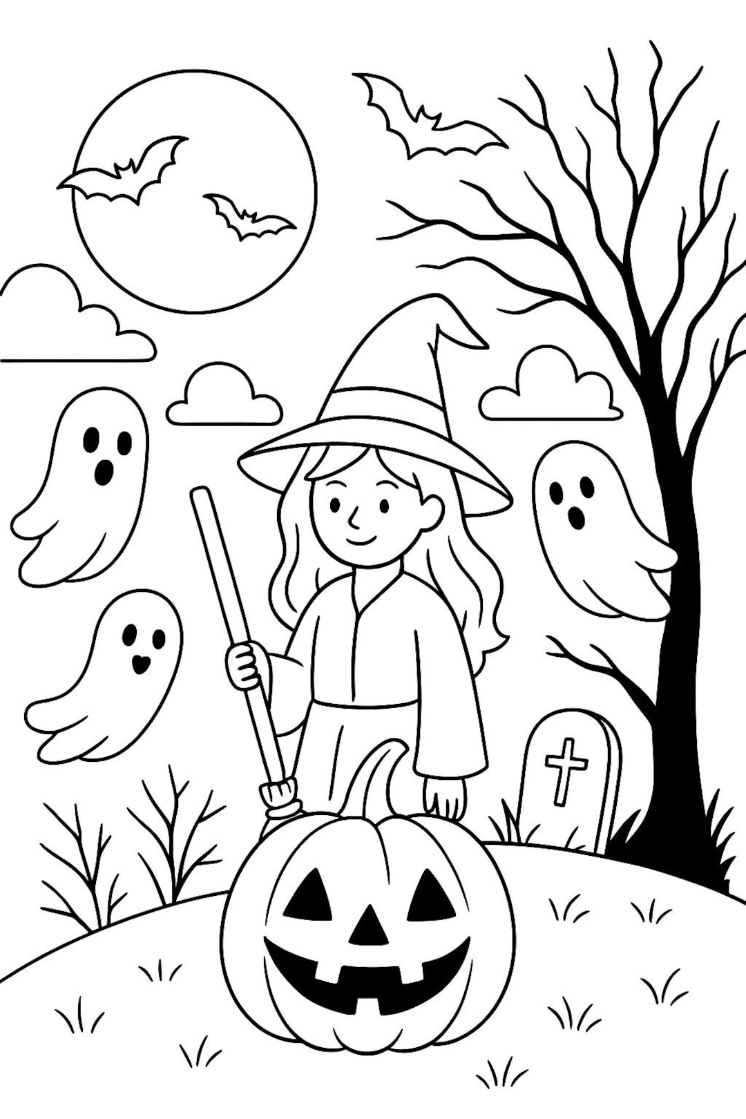 Halloween Coloring Page | Printable Witch, Pumpkin, Ghosts & Haunted ...