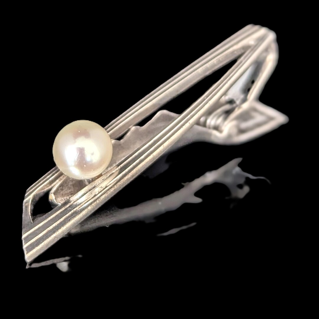 1960s MIKIMOTO Vintage Men's Tie Clip 7mm Pearl Sterling Silver Luxury ...